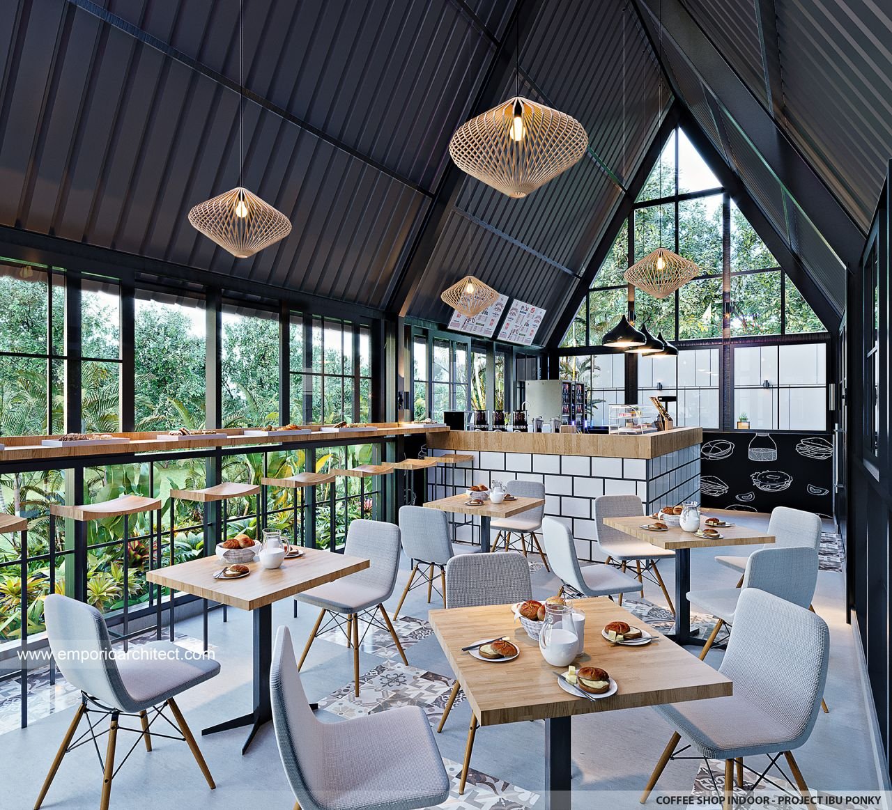 Desain Kedai Kopi Interior Hotel dan Kafe Modern 4 Lantai Ibu Ponky di ...