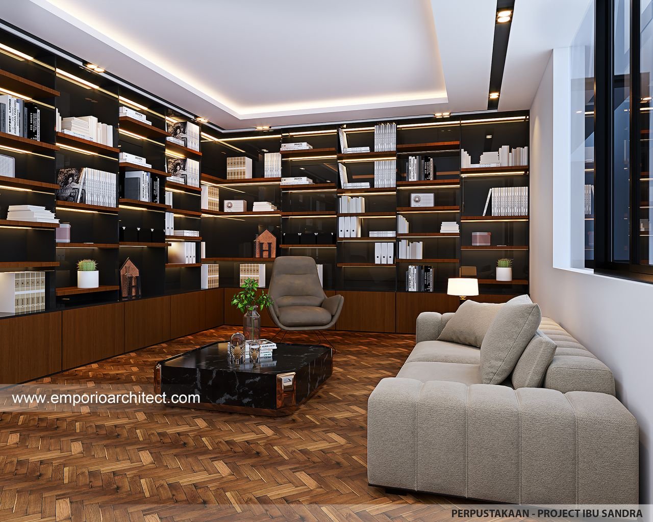 Desain Ruang Baca (Perpustakaan) Interior Rumah Modern 3.5 Lantai Ibu ...